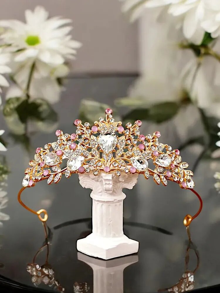 Диадема для девочки Bijule розовая с камнями и стразами 1 шт. Золотистая тиара для волос