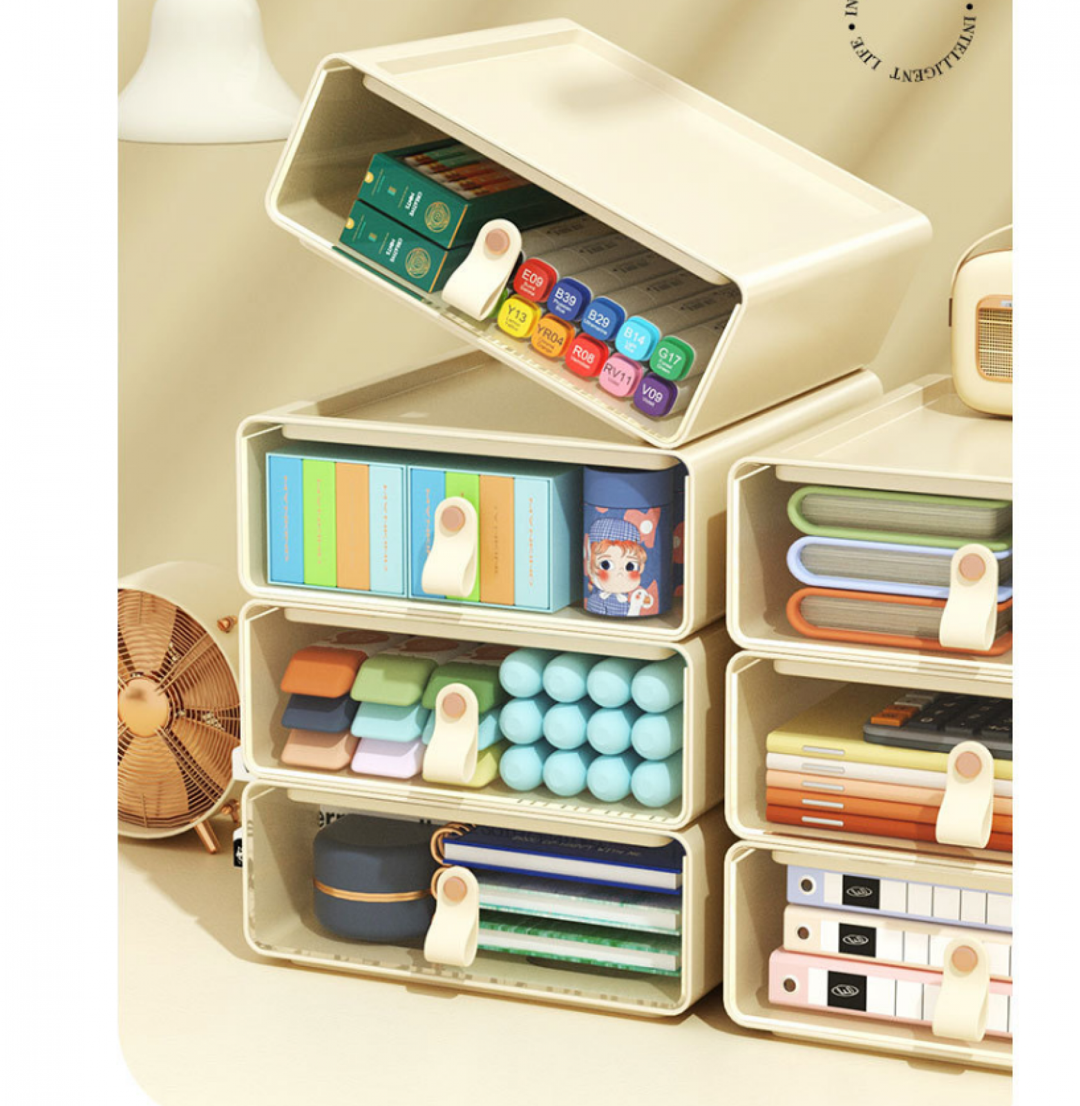 Выдвижной ящик для хранения документов MyPads формата А5 бежевый пластиковый с ручкой