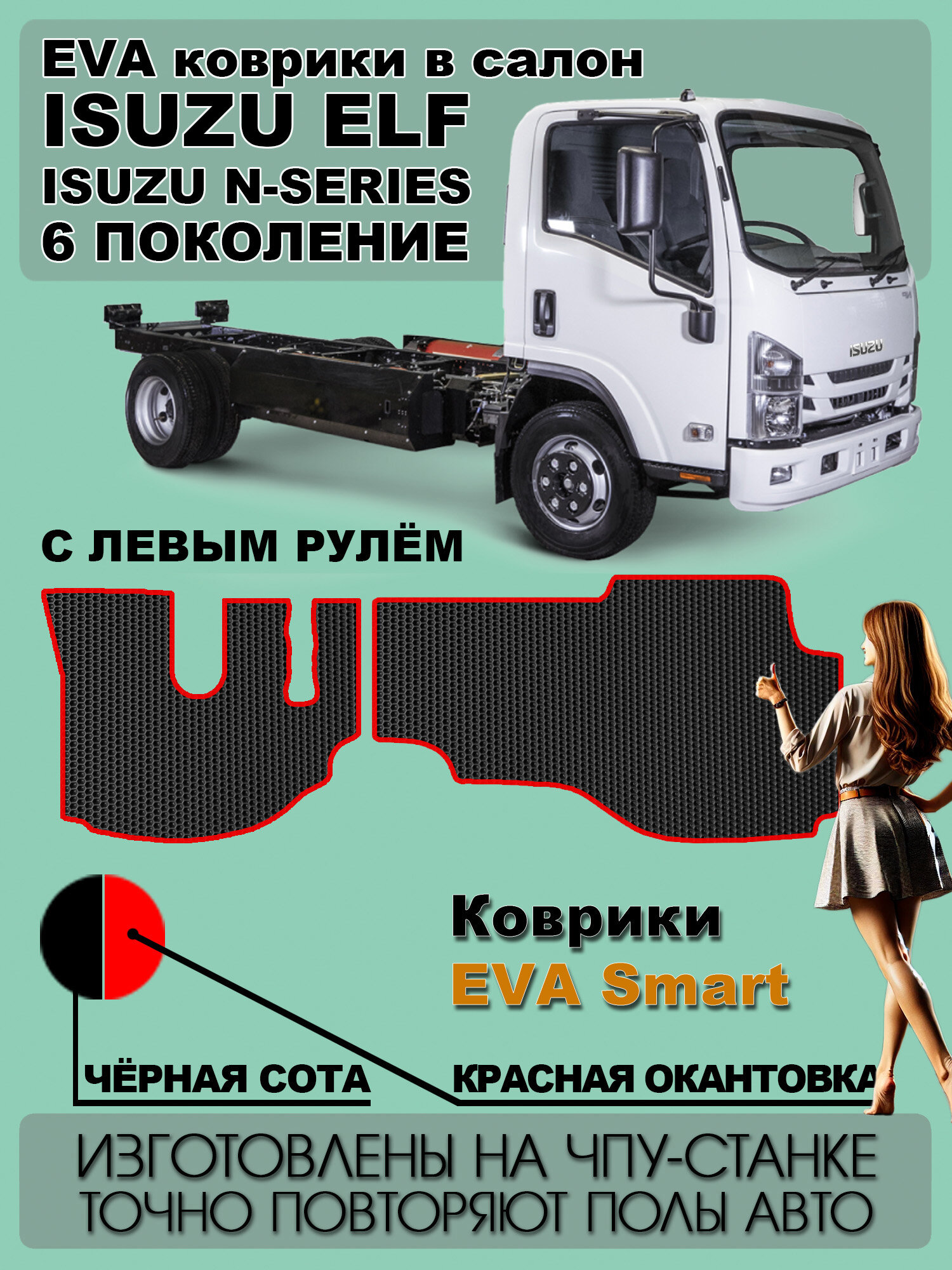 EVA коврики Isuzu ELF (N-series) 2014-2024 г. в. Чёрная сота c красной окантовкой. Коврики в салон автомобиля Исудзу Эльф