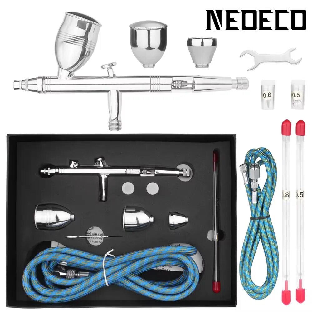 NEOECO NCT-183K аэрограф с 3 сменными чашками и набором сопел 0,3/0,5/0,8 мм