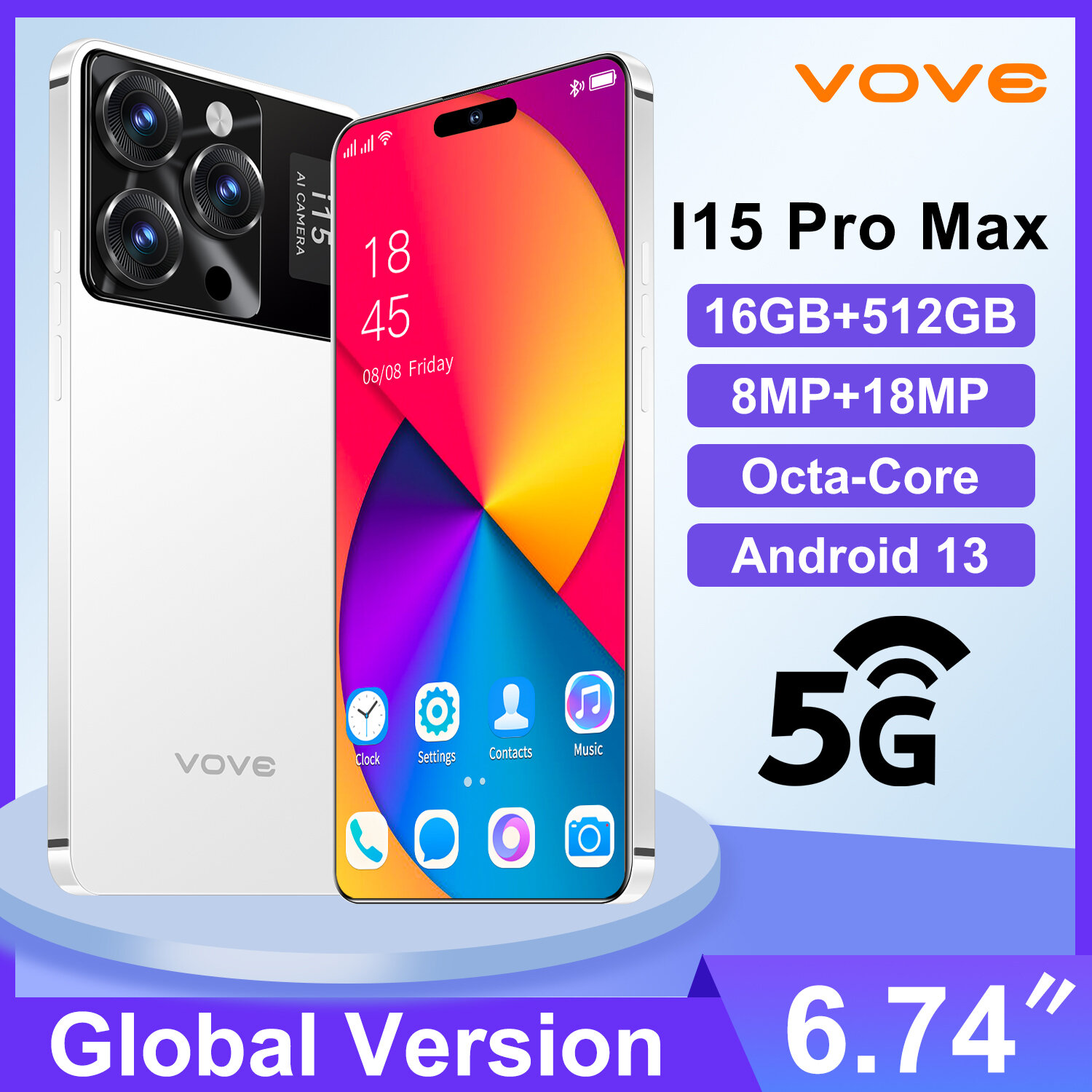 Смартфон VOVE i15 Pro Max 16GB/1TB, 5G, влагозащита IP54, 6.74",