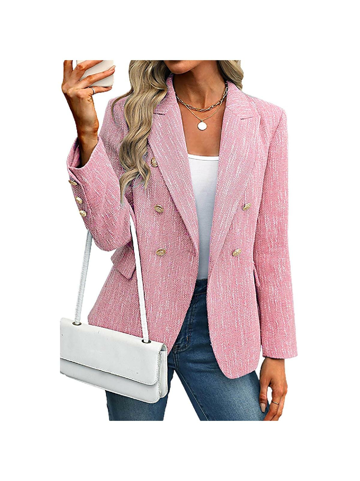 Женский Твидовый Блейзер В деловом стиле, Повседневный - Двубортный пиджак С длинными рукавами, Рабочий костюм с открытой передней частью