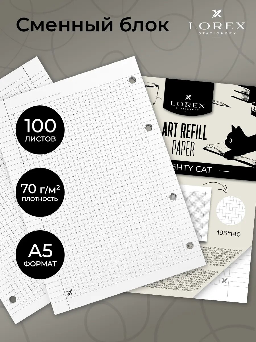 Листы для тетради на кольцах а5 серая клетка 100 шт Lorex GRAPH REFILL