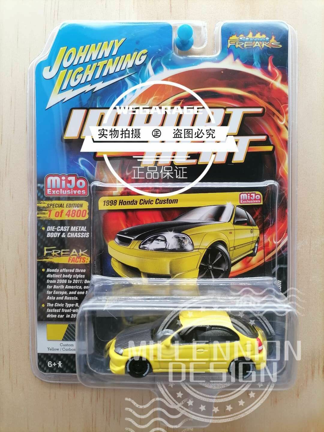 Johnny Lightning , литая модель 1:64, серия Honda Civic(1998 Honda Civic Custom Yellow / Carbon Fiber)