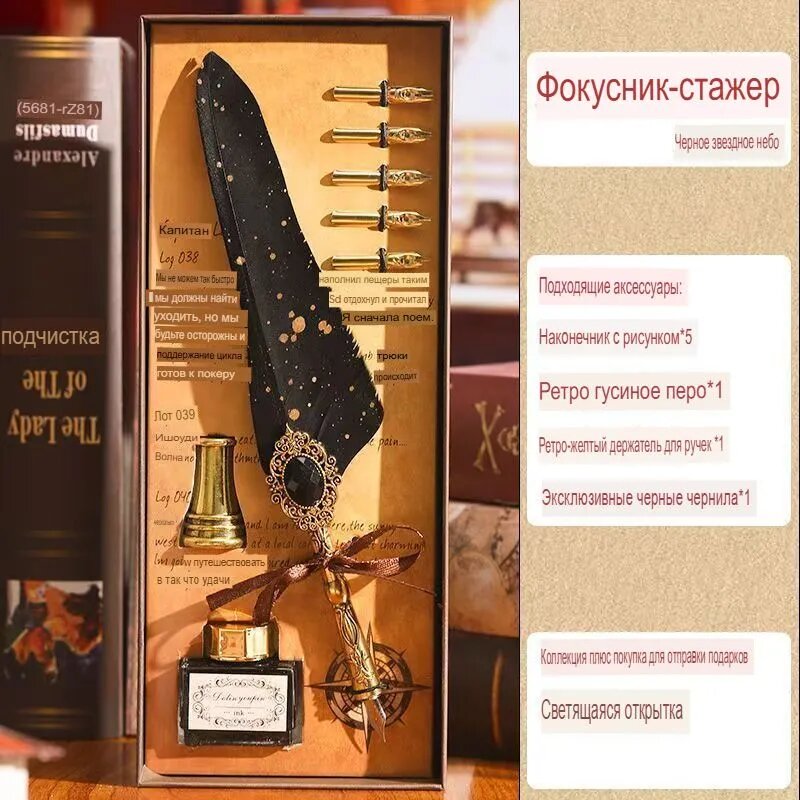 Набор для каллиграфии Перьевая, цвет: Черный, 1 шт, в комплекте с чернилами и наконечниками