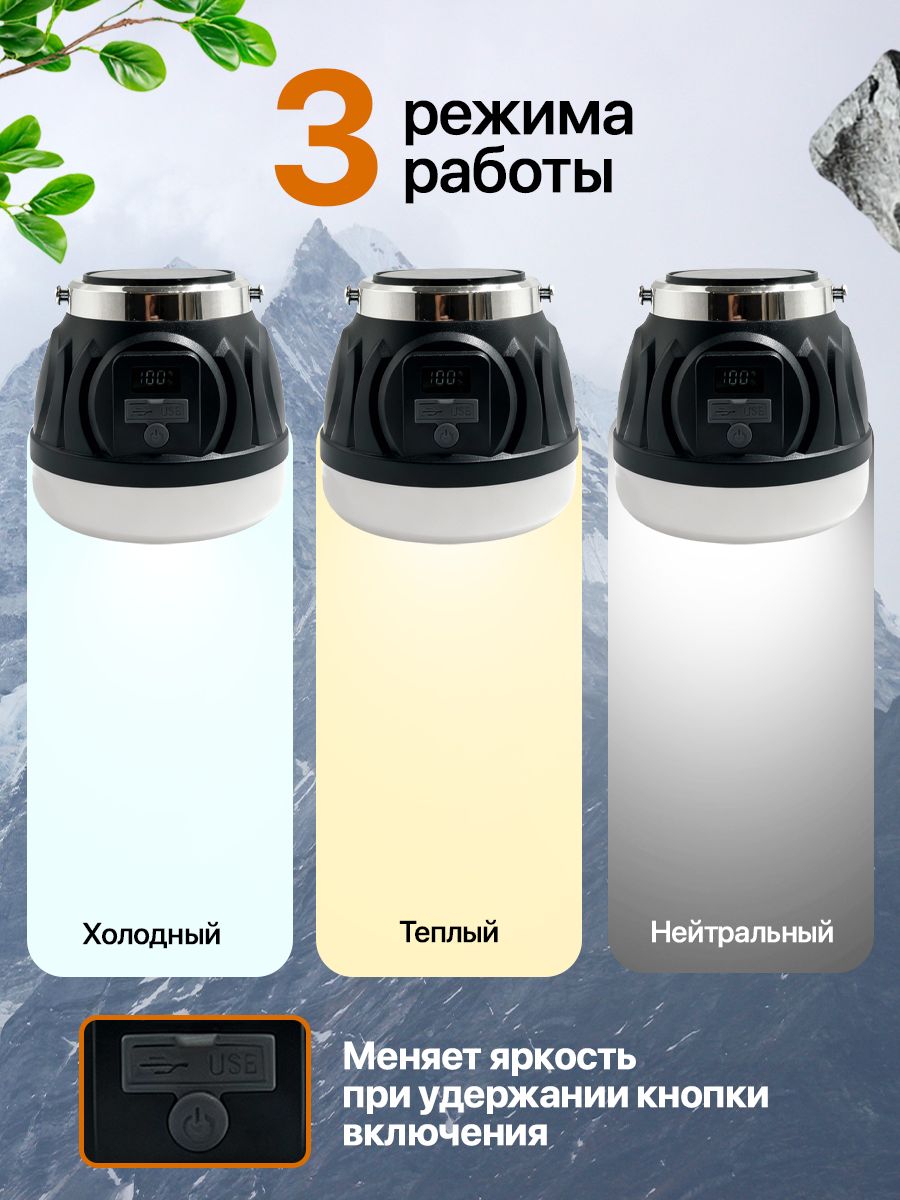 Светильник - Peace Night, аккумуляторный, кемпинговый, складной, светодиодный, с зарядкой, чёрный