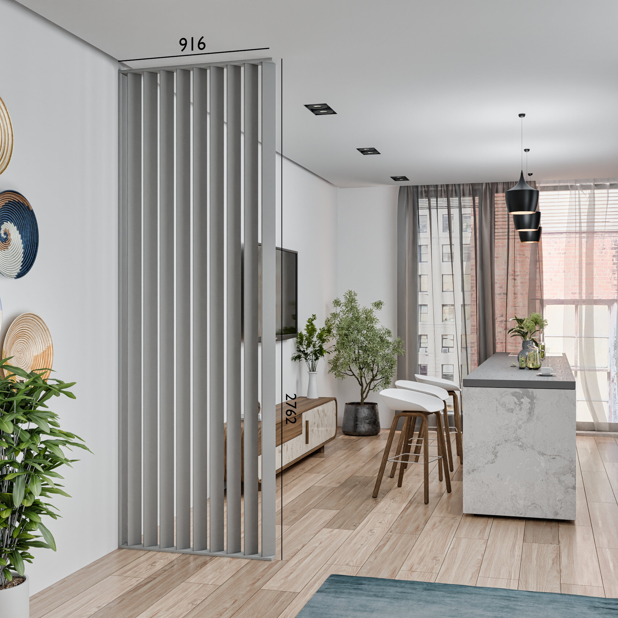 Перегородка для зонирования пространства шириной 91 см, ЛДСП, светло-серый