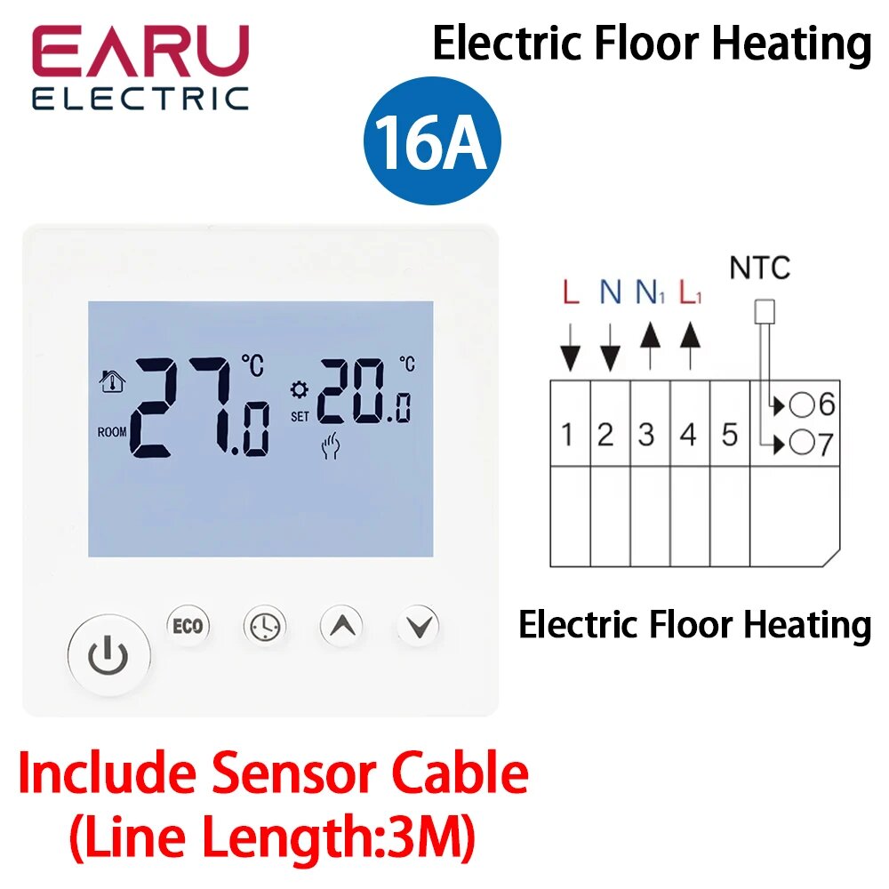 Термостат для теплых полов EARUELECTRIC 16A, KC01H-16A
