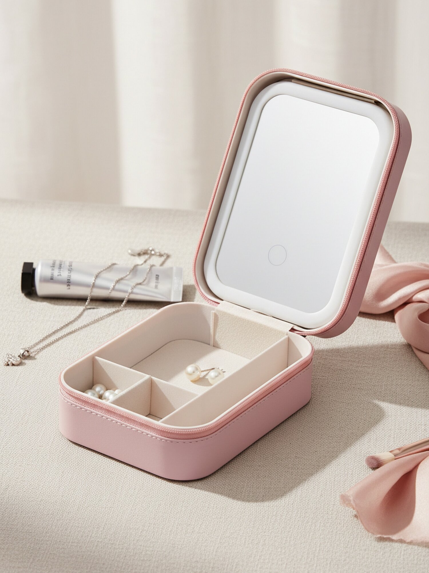 Настольное зеркало-органайзер с подсветкой для макияжа и хранения бижутерии, розовый бокс для косметики, 16.5х11.5х6 см