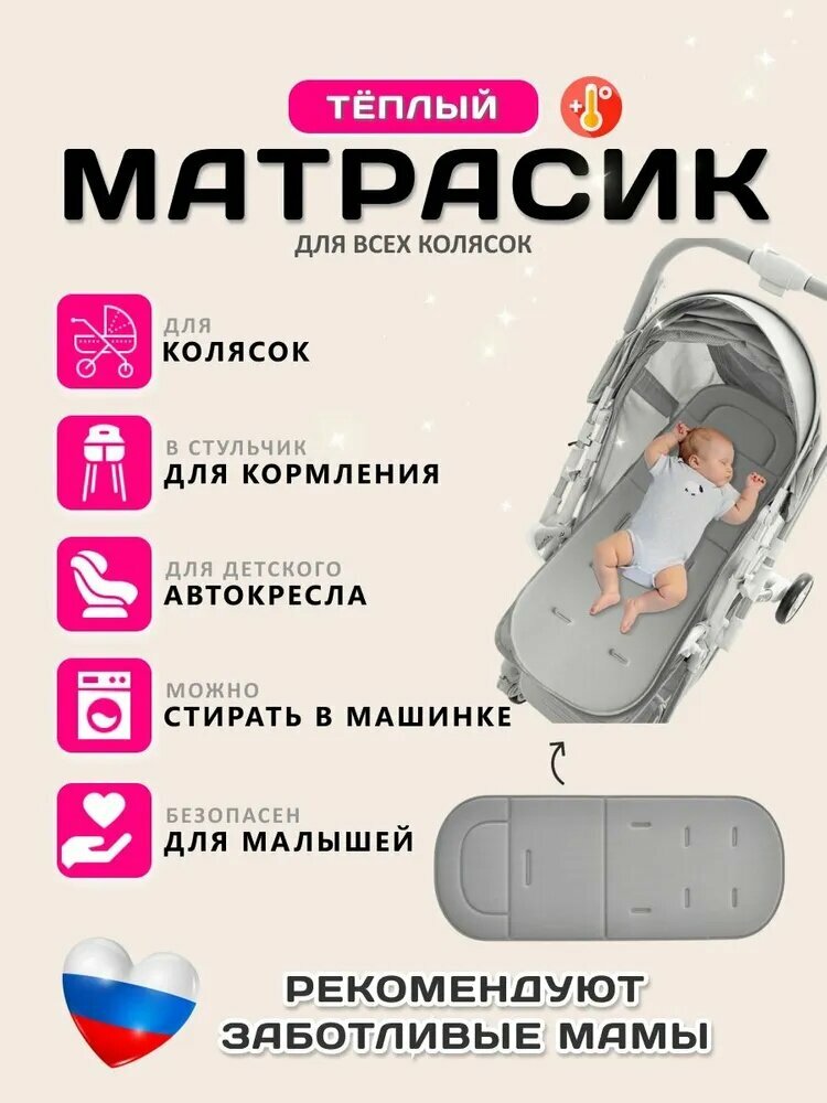 Матрасик-вкладыш в коляску прогулочную, автокресло, люльку, стульчик для кормления, универсальный