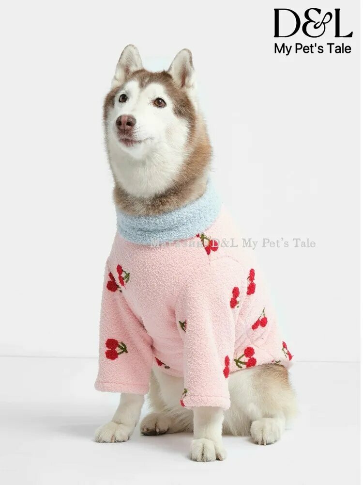 D&L My Pet's Tale Зимняя теплая одежда для крупных собак, двухлапная, с начесом, нежно-розовая с принтом вишен, размеры 5XL 8XL