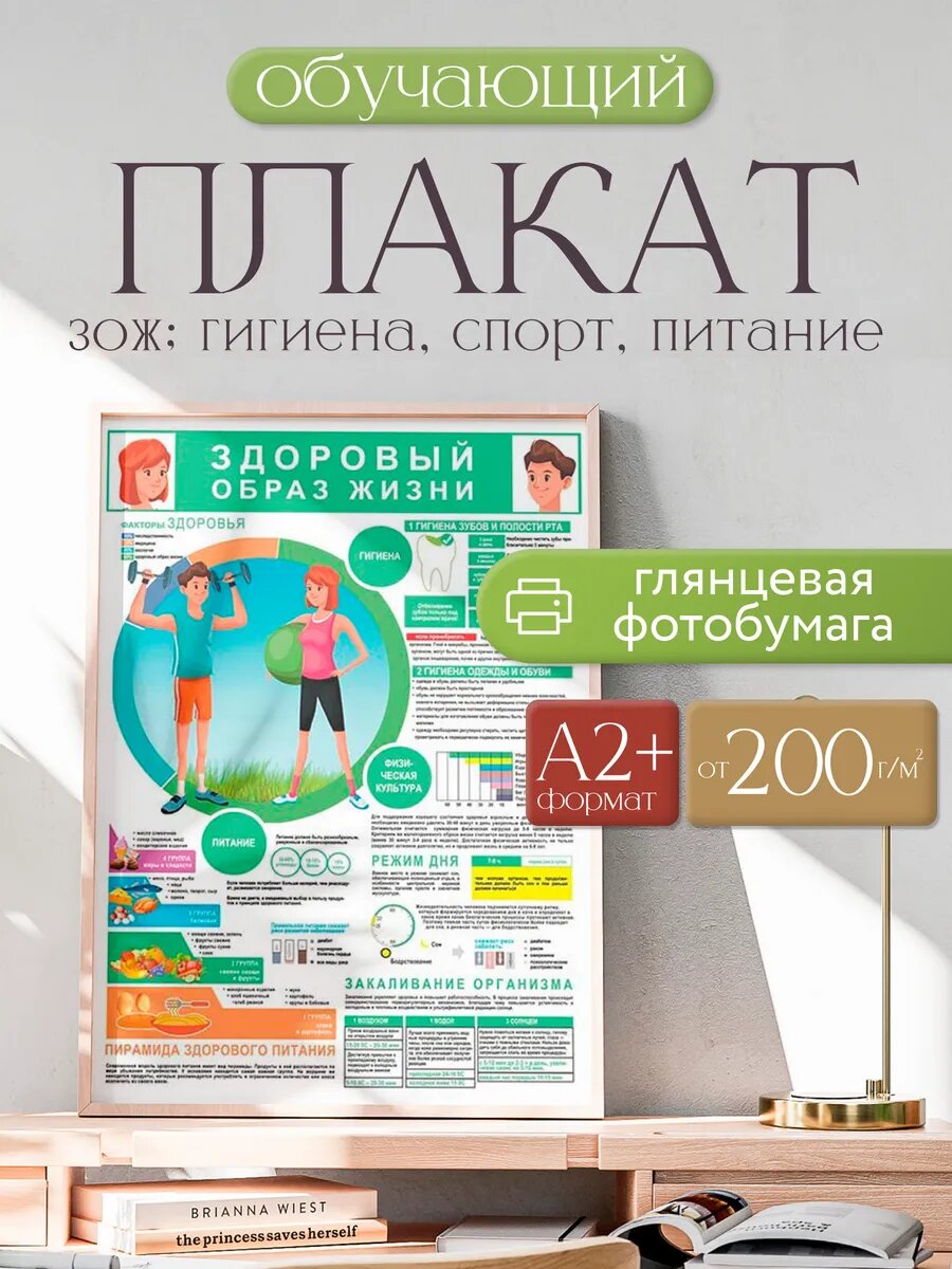 ЗОЖ гигиена спорт питание, плакат, глянцевая фотобумага от 200 г/кв. м, размер A2+
