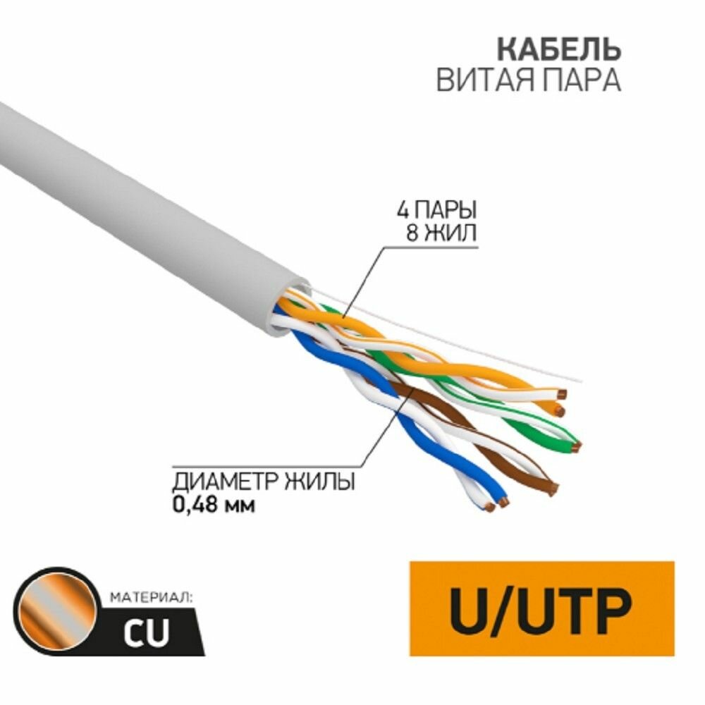 Proconnect Патч - корды волоконно - оптические, пигтейлы 01 - 0052 - 50 Кабель U UTP, CAT 5e, PVC, 4x2x0,48мм, внутренний, серый, 50м