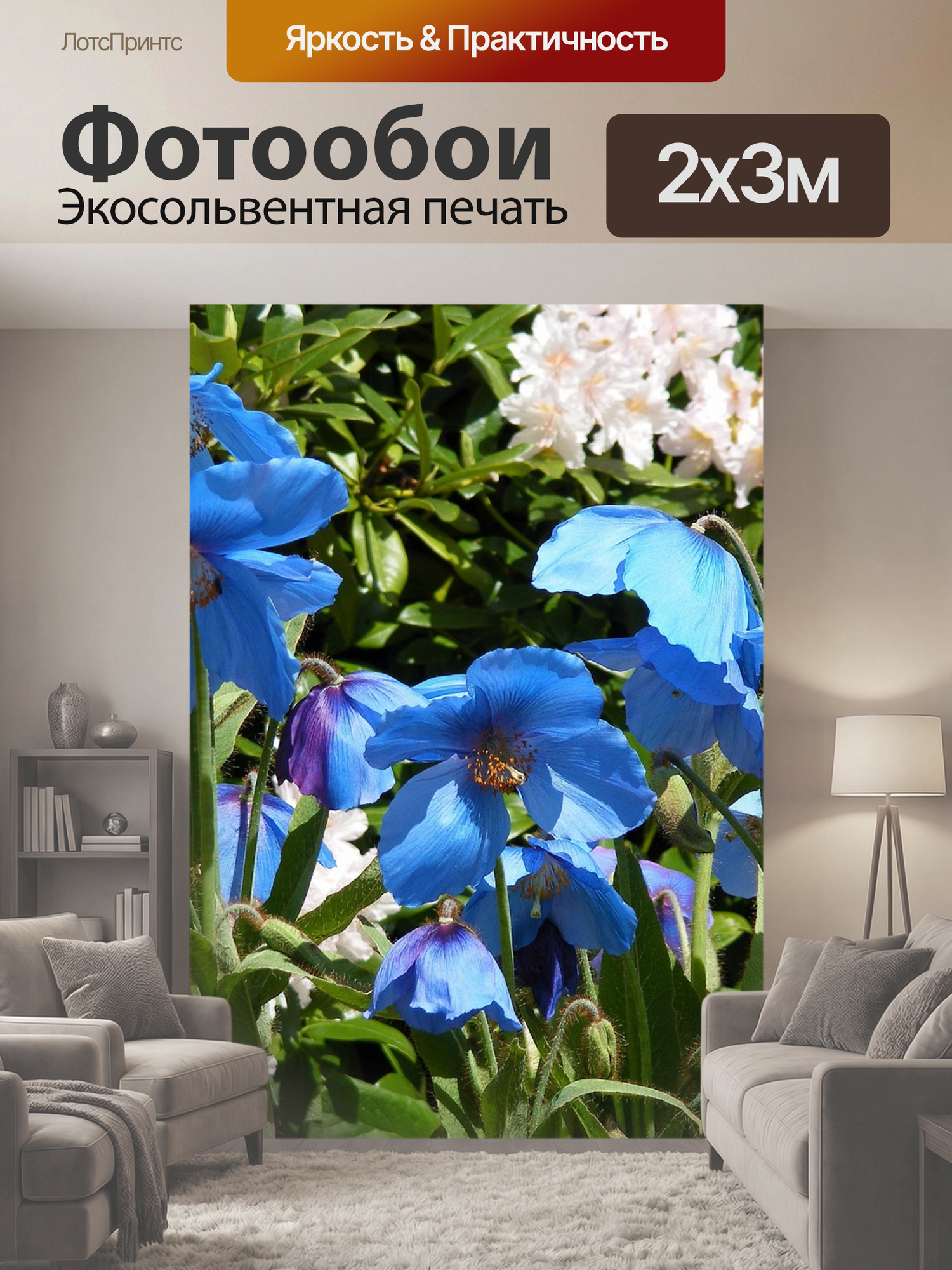 Фотообои "Маки, синий, меконопсис" 200x300 см. экосольвентная печать