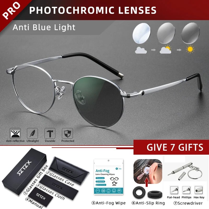 SZTZX Винтажные фотохромные очки из титана C4-Silvery-BS, -100