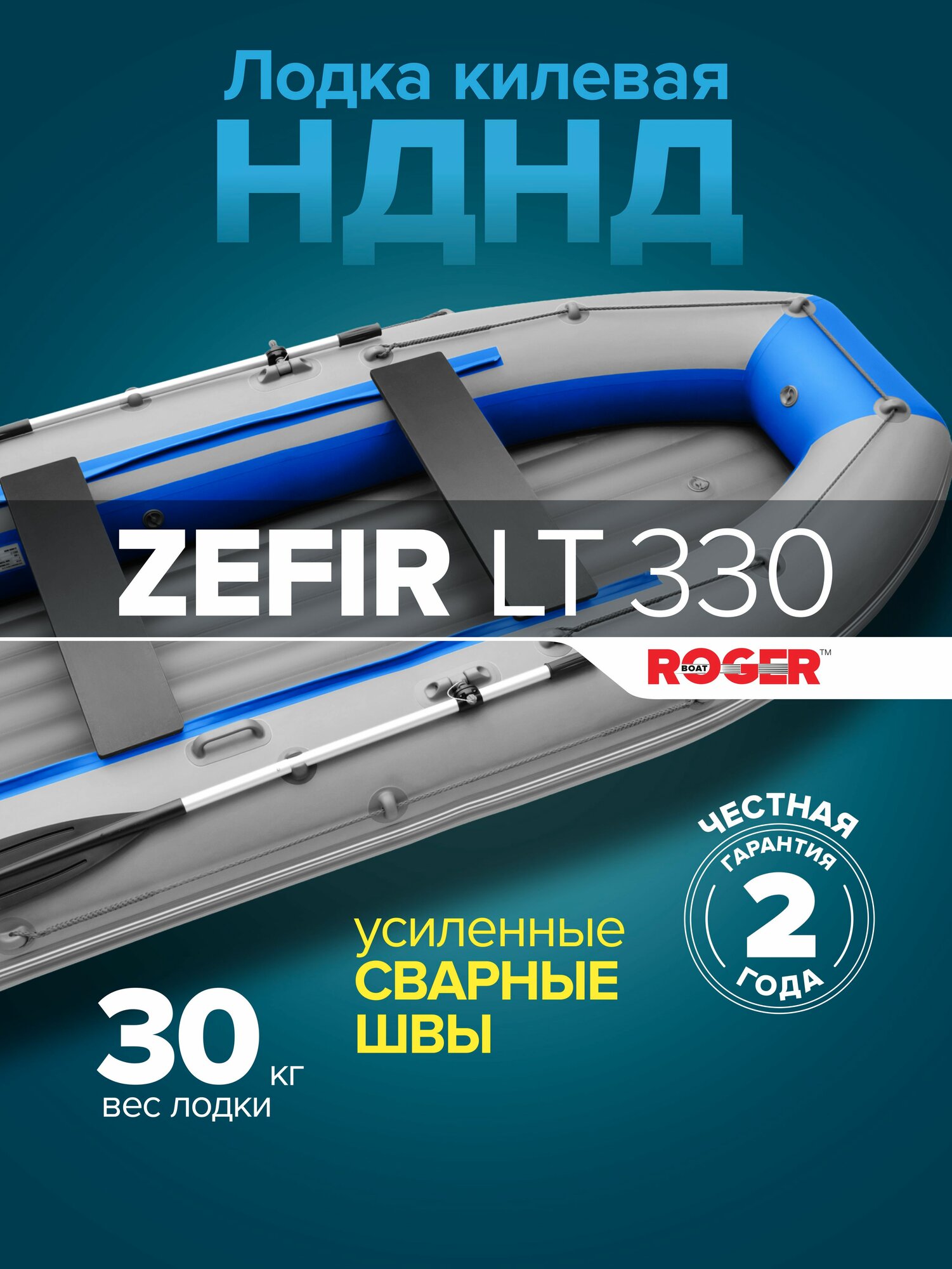 Лодка ПВХ под мотор ROGER Zefir 330 LT, лодка надувная для рыбалки роджер НДНД киль (серый-синий)