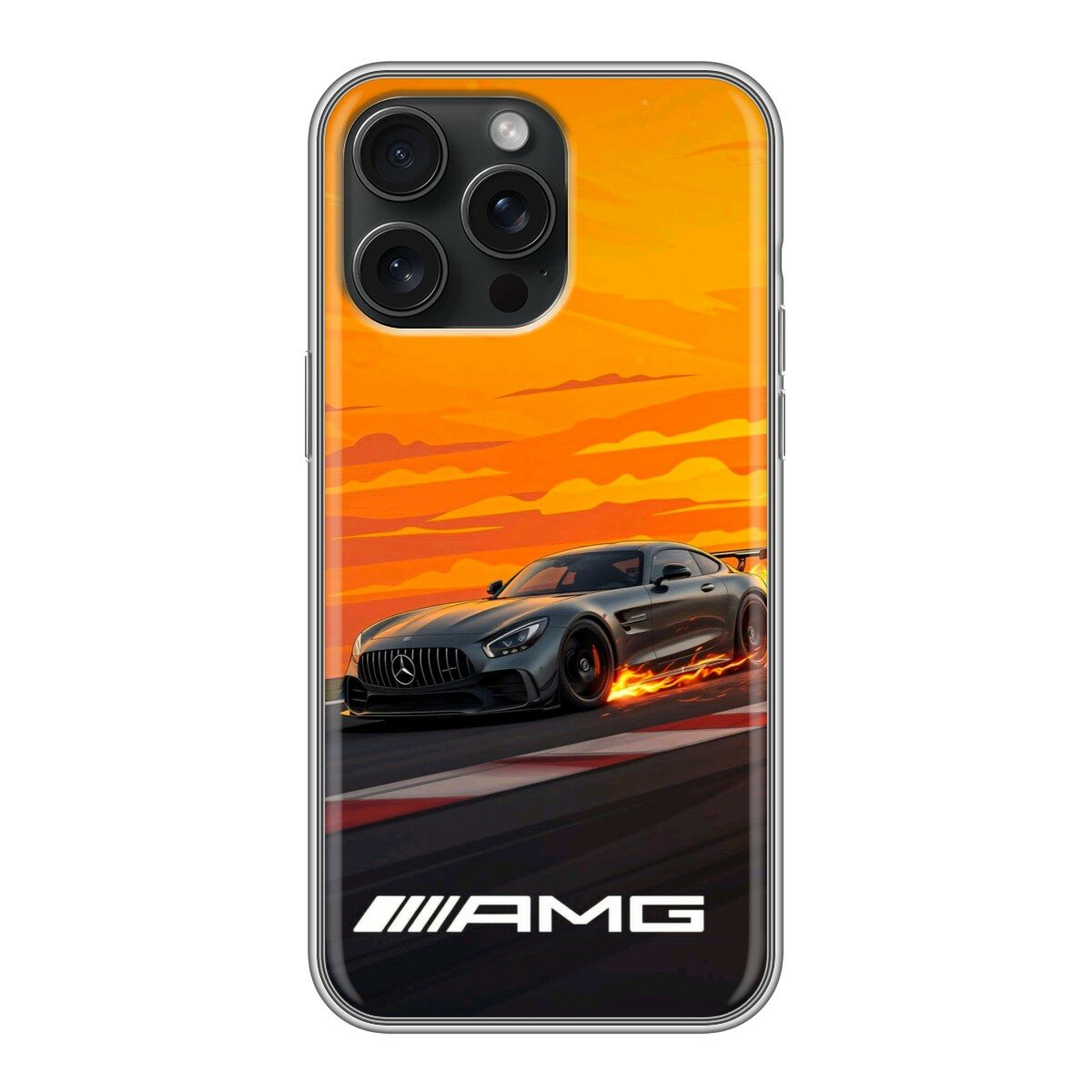 Чехол для Iphone 15 Pro Max с принтом Мерседес AMG на трассе (Айфон 15 Про Макс)