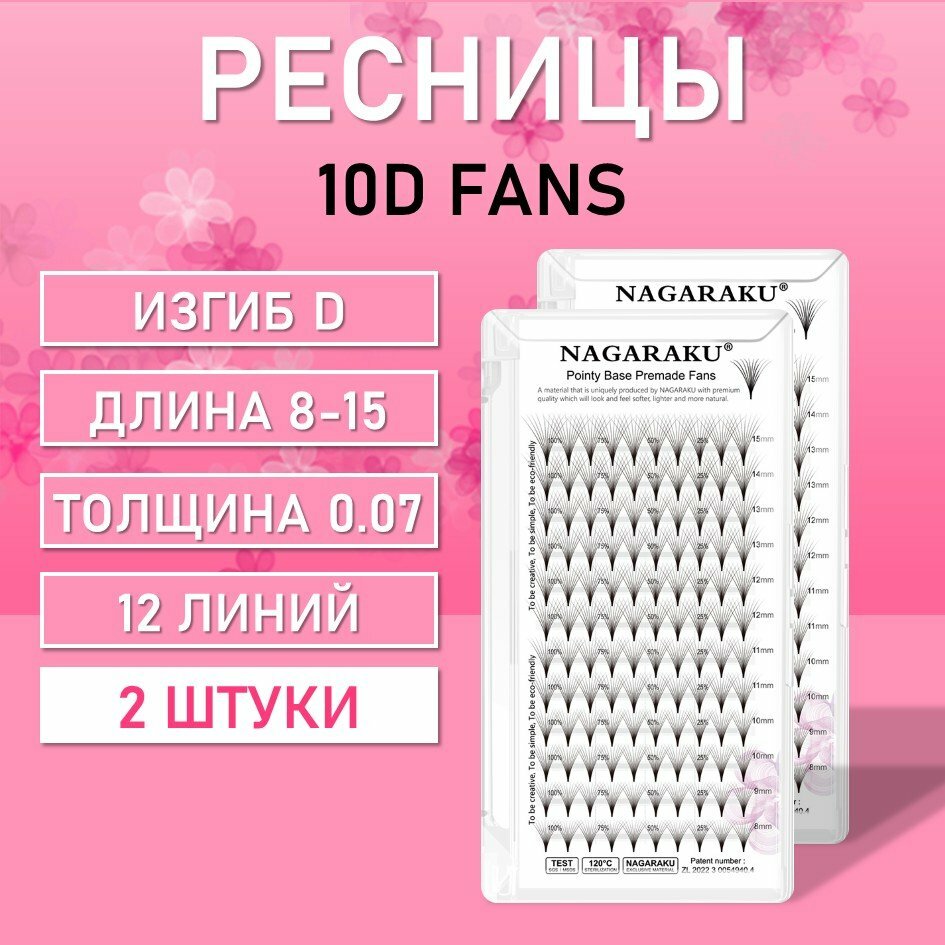 Пучковые ресницы Nagaraku 10D fans 12 линий D 0.07 8-15 2 шт