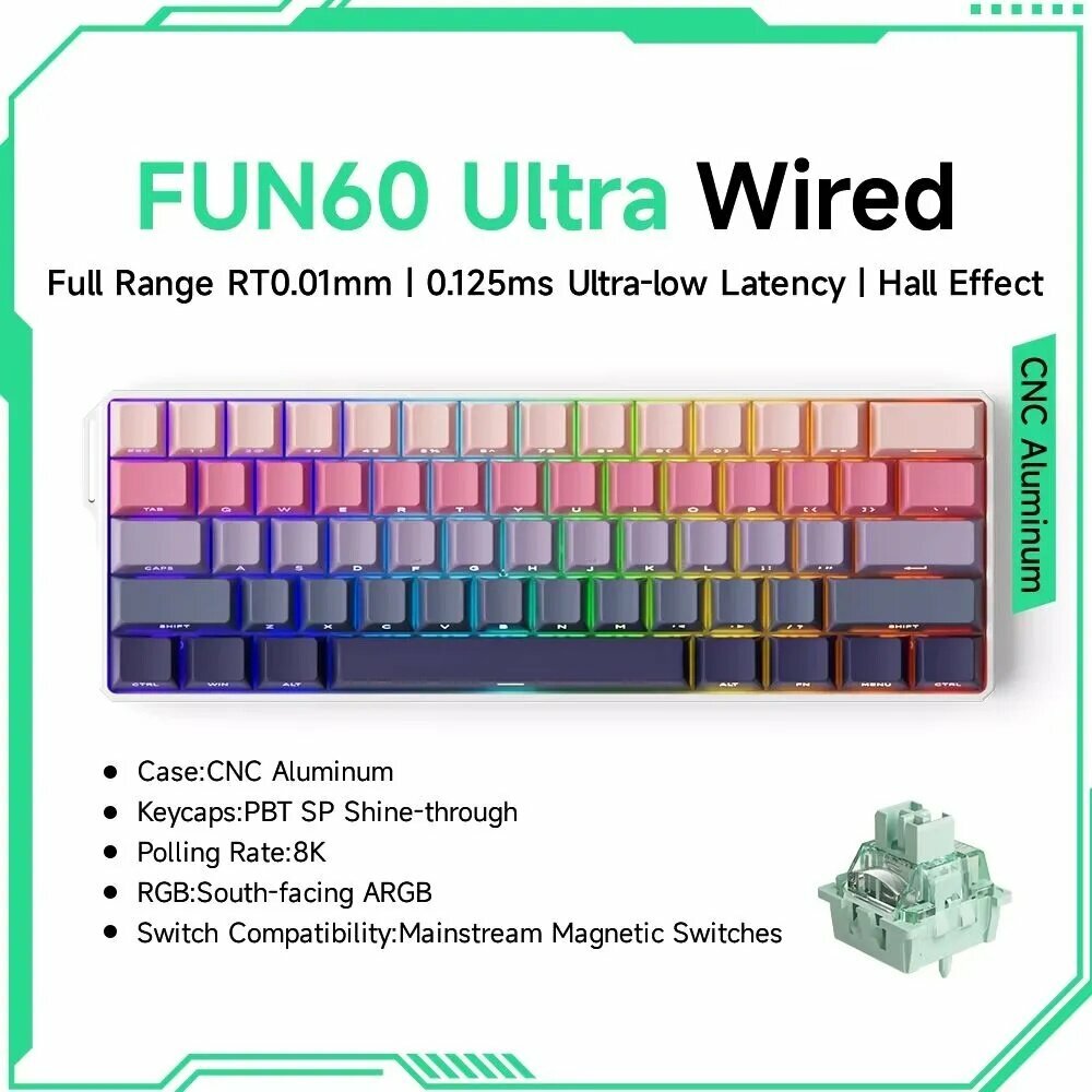 AKKO Игровая клавиатура проводная AKKO MonsGeek FUN60 Ultra одинарная 8K SP «Шиповник» проводная магнитная клавиатура RGB 61 клавиша US чисто магнитные переключатели, (Akko Glare Magnetic), Английская раскладка, светло-розовый, фуксия