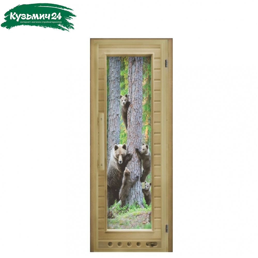 Дверь для бани Doorwood с фотопечатью Элит люкс мишки 720х1850 мм, липа, стекло 8 мм, 2 петли, с порогом