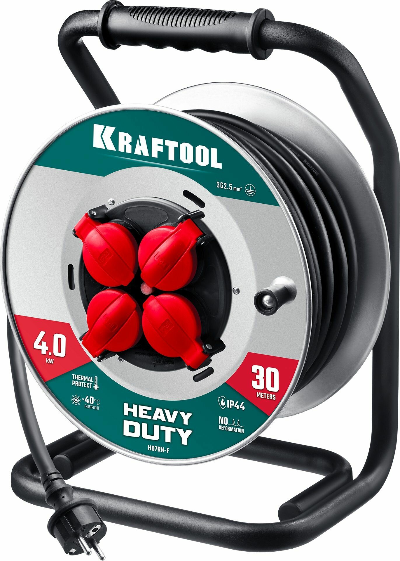 Удлинитель силовой на стальной катушке KRAFTOOL КГ 3х2.5 30м 4000Вт IP44, HEAVY DUTY, арт. 55086-30_z01