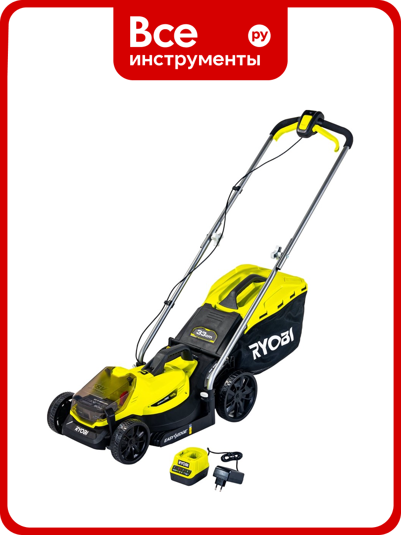Газонокосилка Ryobi ONE+ 33cm с электрическим двигателем, пластиковым корпусом и комбинированным травосборником