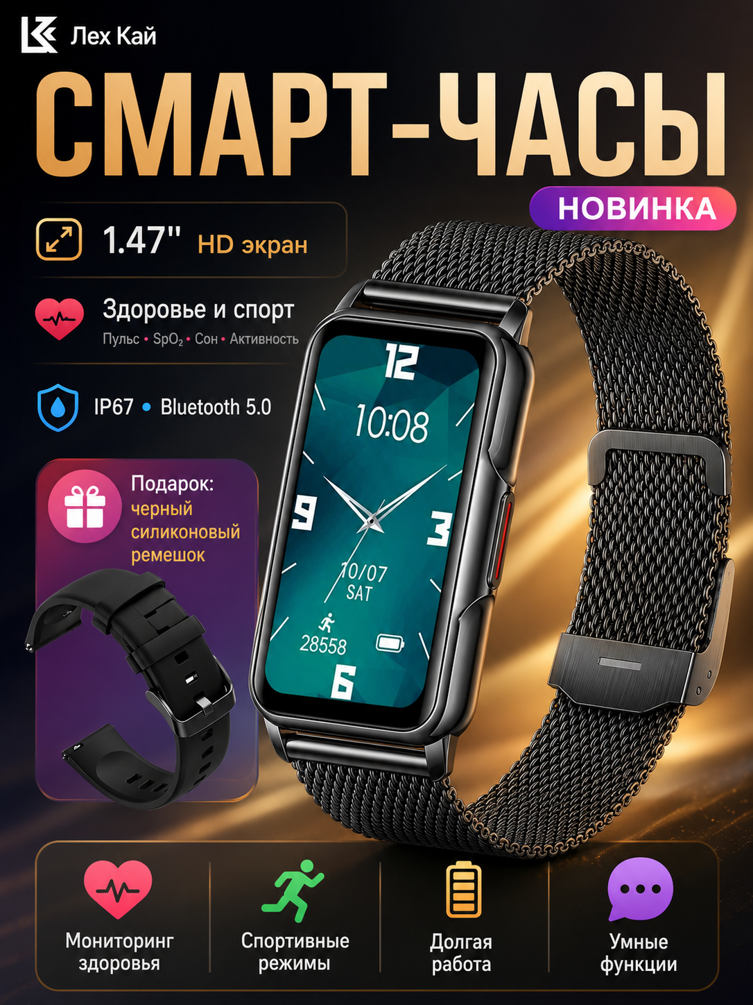 Умные часы Лех Кай мужские, 1,47" HD, пульс, SpO₂, Bluetooth 5.0, IP67, черный, 2 ремешка