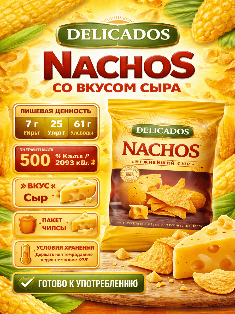 Чипсы Delicados Начос кукурузные Сыр, 150г