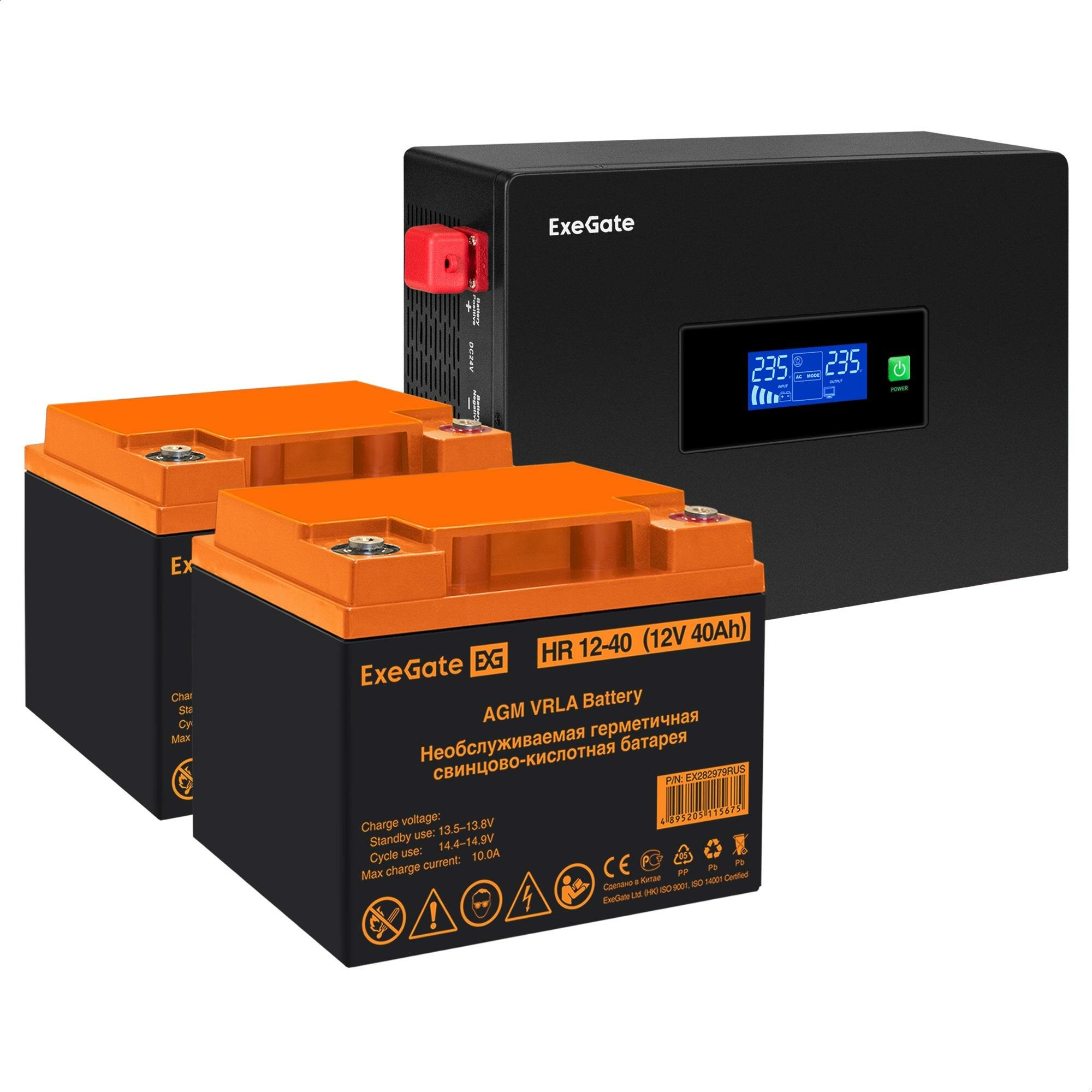 Комплект ИБП EX295994RUS + батарея 40Aч EX282979RUS 2шт (инвертор, синус, для котла, PF=1, настенный) ExeGate IdealSine SR-1500. LCD.2SH  <1500VA/15