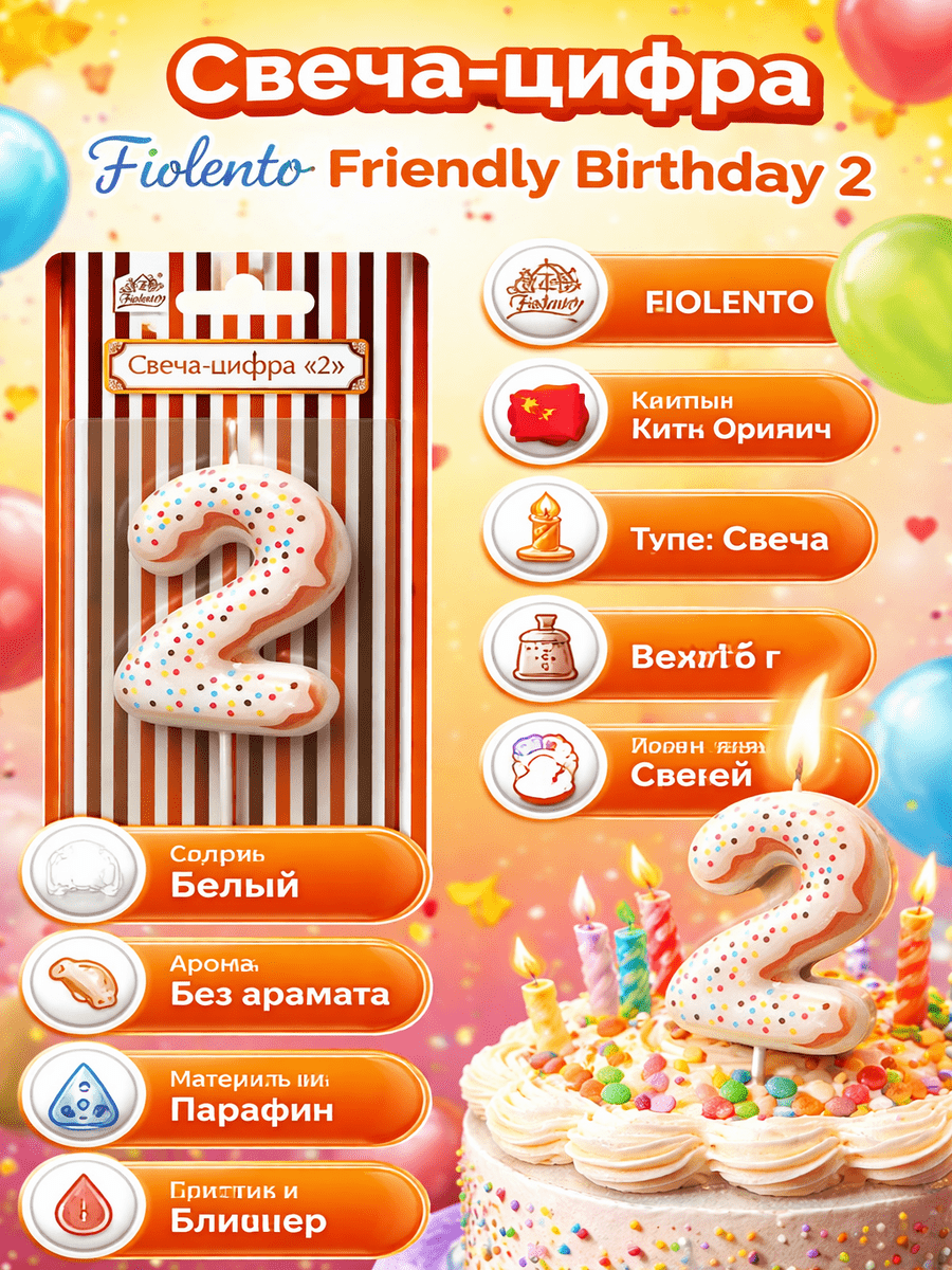 Свеча-цифра Fiolento Friendly Birthday 2