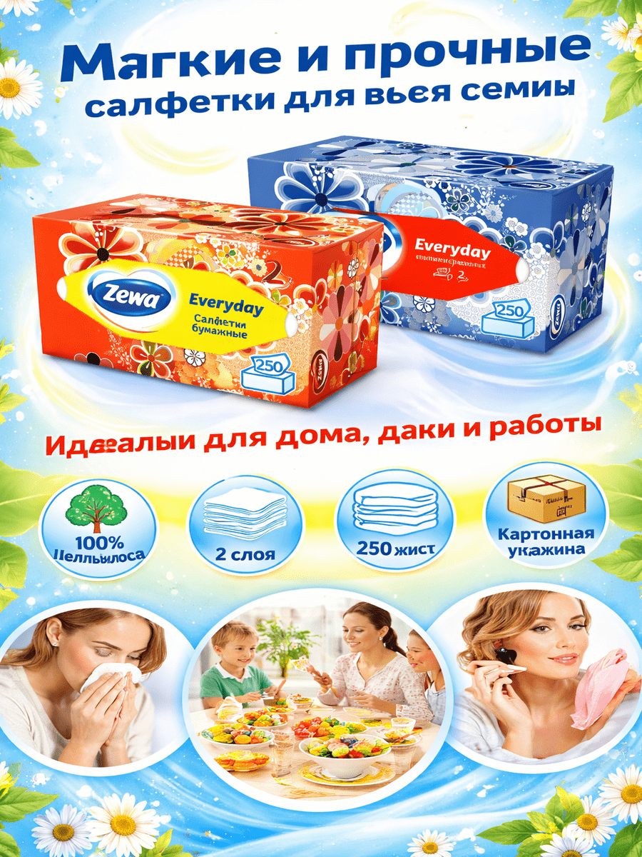 Салфетки бумажные косметические Zewa Everyday, 250 листов