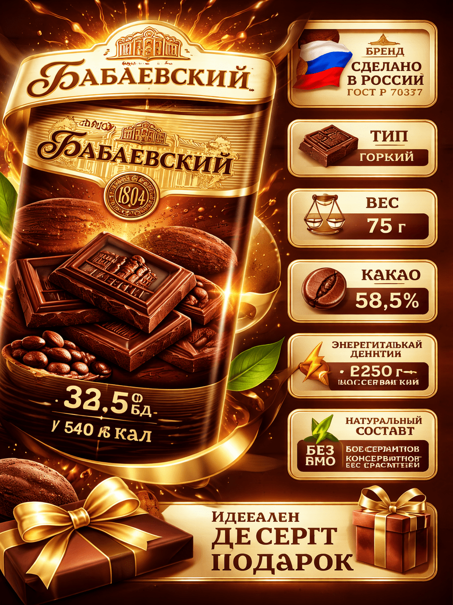 Шоколад Бабаевский горький 58.5% какао, 75г