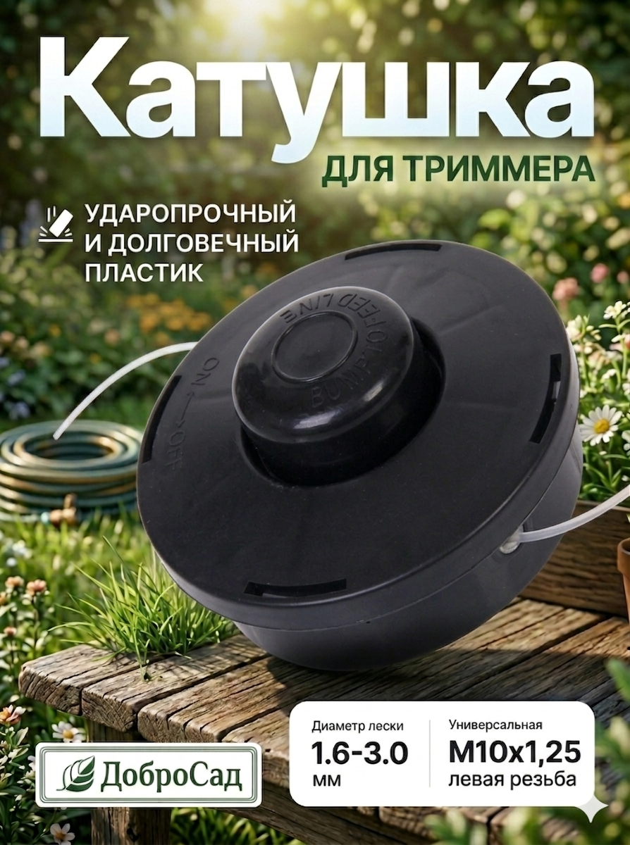 Катушка для триммера 7,5х11см, М10х1,25, усиленный пластик, полуавтоматическая подача
