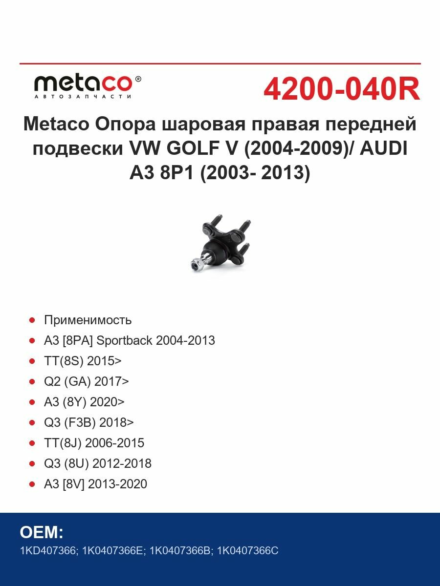Metaco Опора шаровая правая передней подвески VW GOLF V (2004-2009)/ AUDI A3 8P1 (2003- 2013)