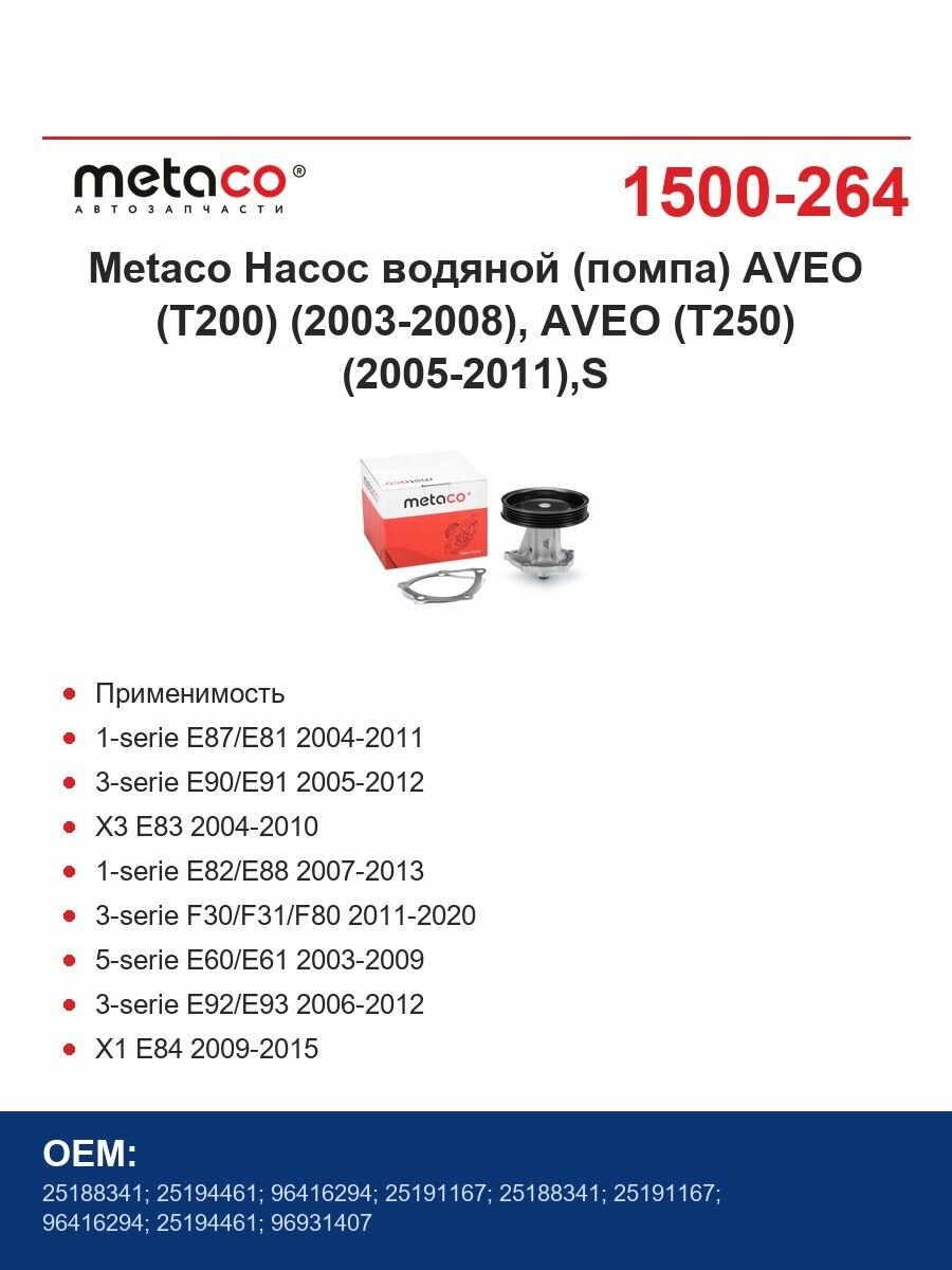 Metaco Насос водяной (помпа) AVEO (T200) (2003-2008), AVEO (T250) (2005-2011), S