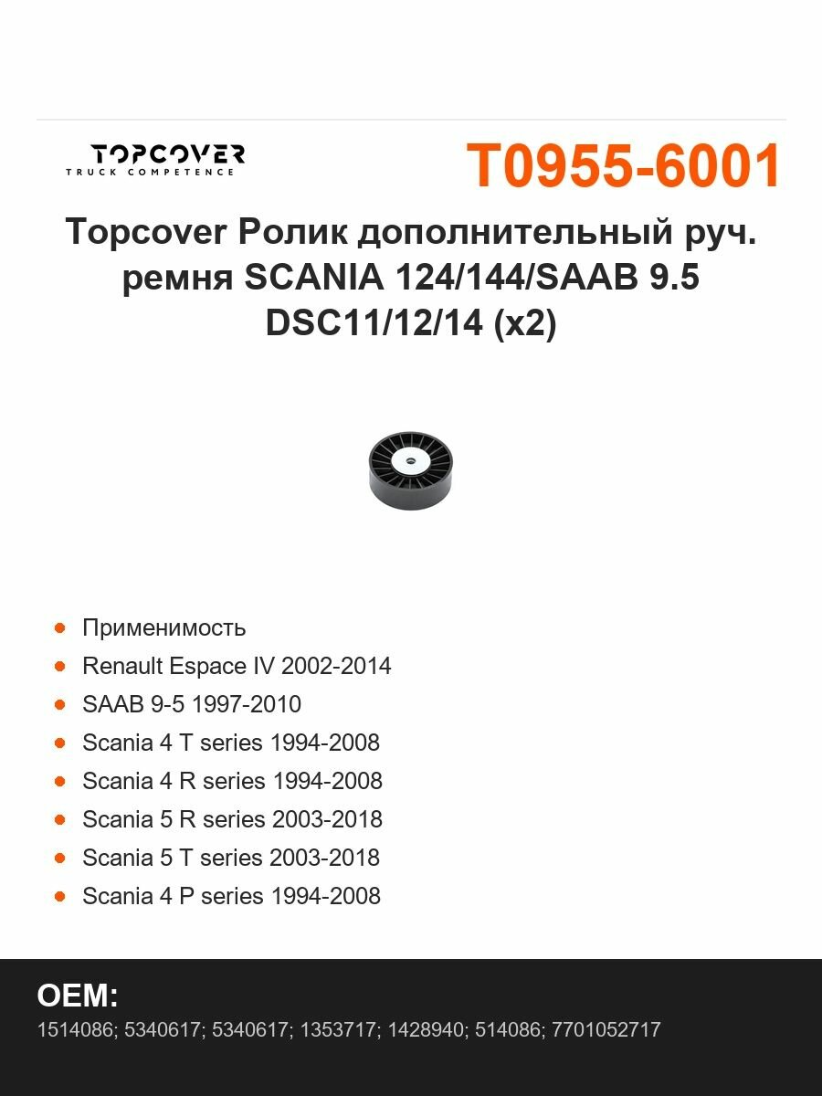 Topcover Ролик дополнительный руч. ремня SCANIA 124/144/SAAB 9.5 DSC11/12/14 (x2)