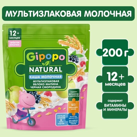 Каша молочная Gipopo мультизлаковая с яблоком, малиной и черной смородиной с 12 мес 200 г