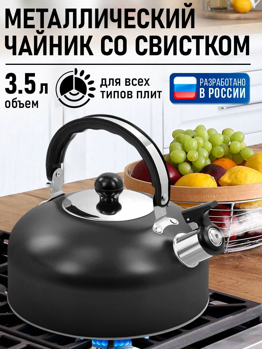 HOME ELEMENT Чайник со свистком, 3.5 л, нержавеющая сталь, для газовых и электрических плит, с поворотной термостойкой ручкой, черный матовый
