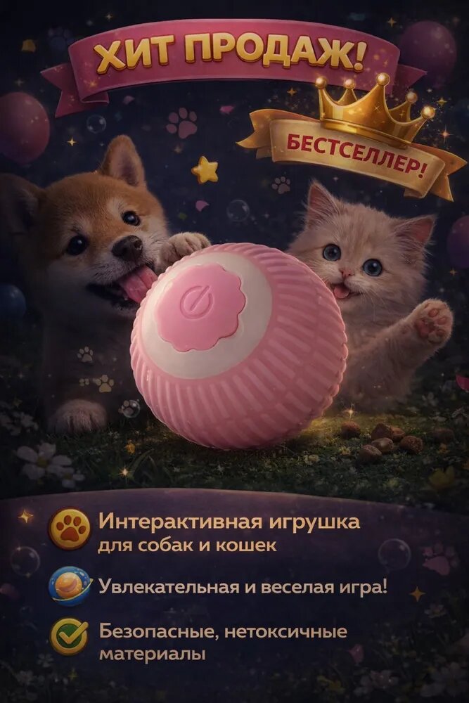 Игрушка для кошек Smart Pet Ball 01, интерактивный электрический шар с автодвижением и подсветкой, светло-розовый