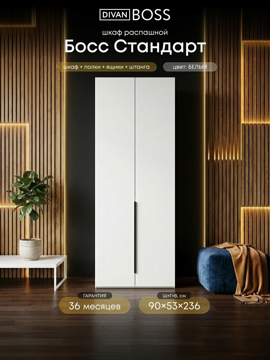 Шкаф распашной, Босс Стандарт, 90х53х236 см, 2х дверный, белый