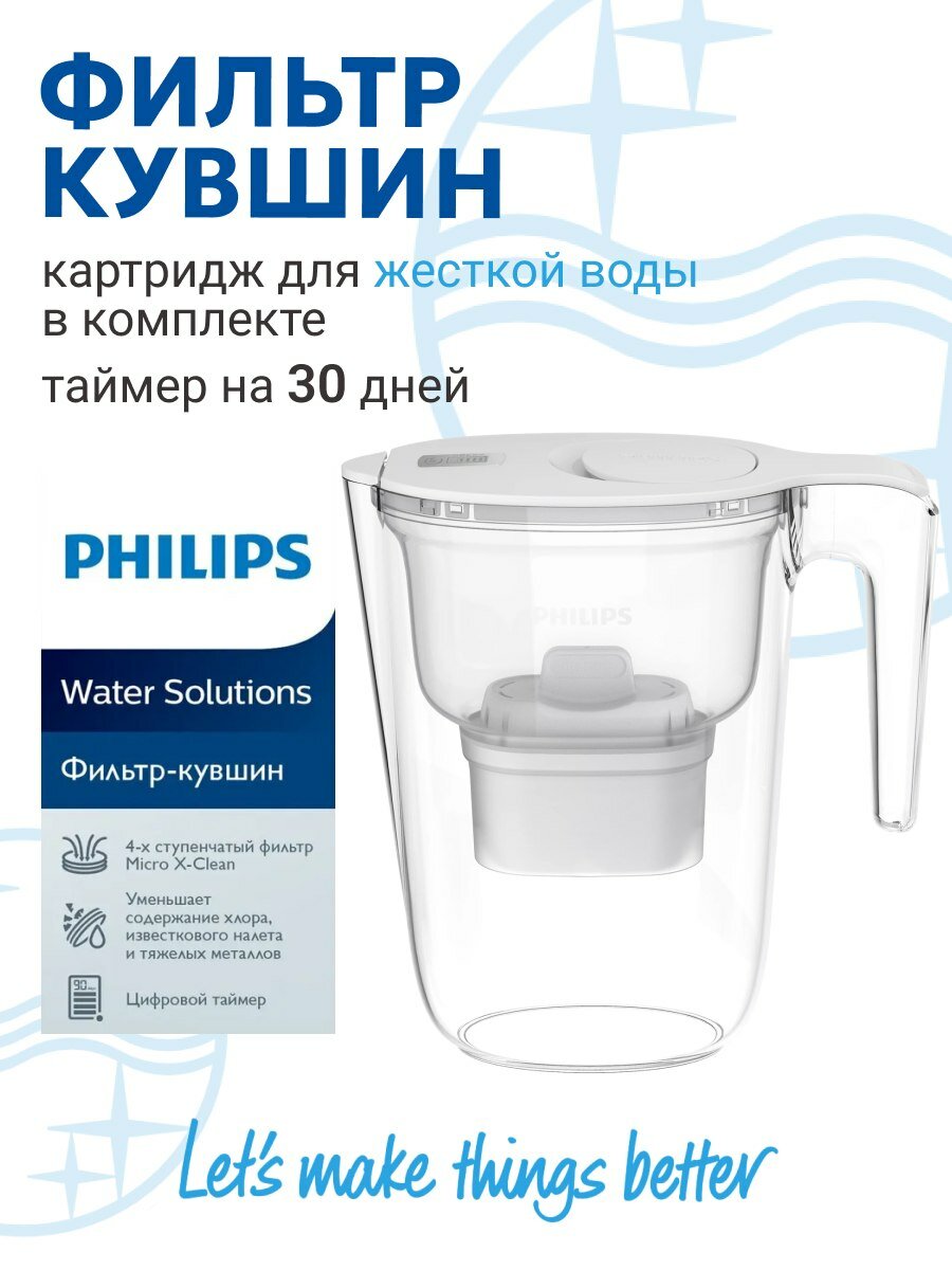 Фильтр-Кувшин Philips с картриджем для жесткой воды AWP2943WHT/58 Белый, 2,6л