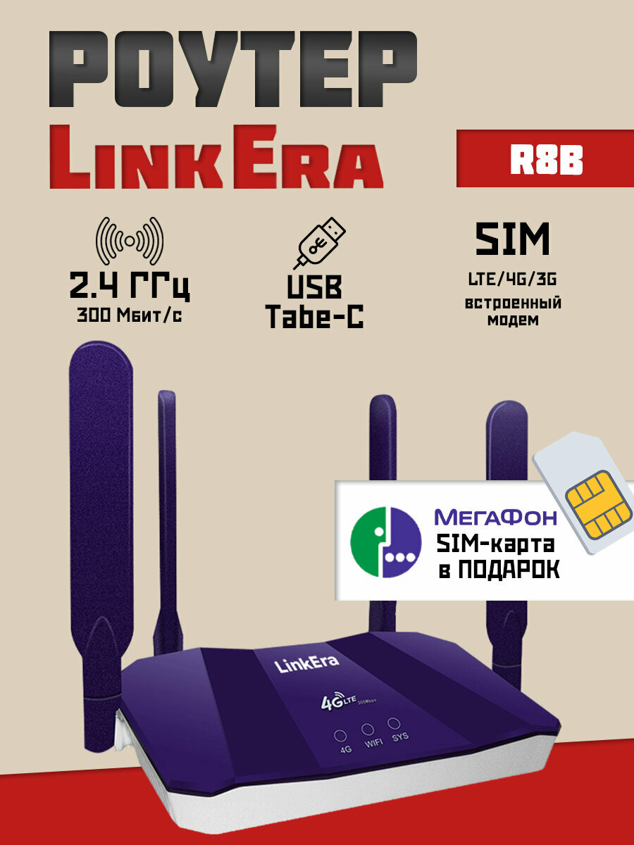 Роутер Wi-Fi LinkEra R8B слот для SIM-карты, до 300 Мбит/с LTE/4G/3G с четырьмя антеннами