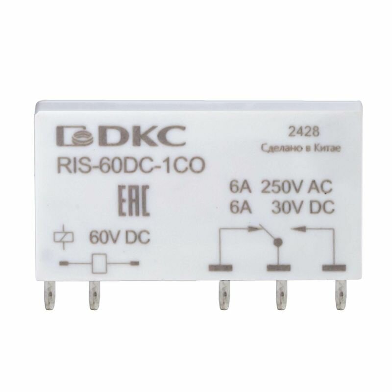 Реле миниатюрное ультратонкое 1CO ком. ток 6А AgSnO2 напряжение 60В DC DKC RIS-60DC-1CO