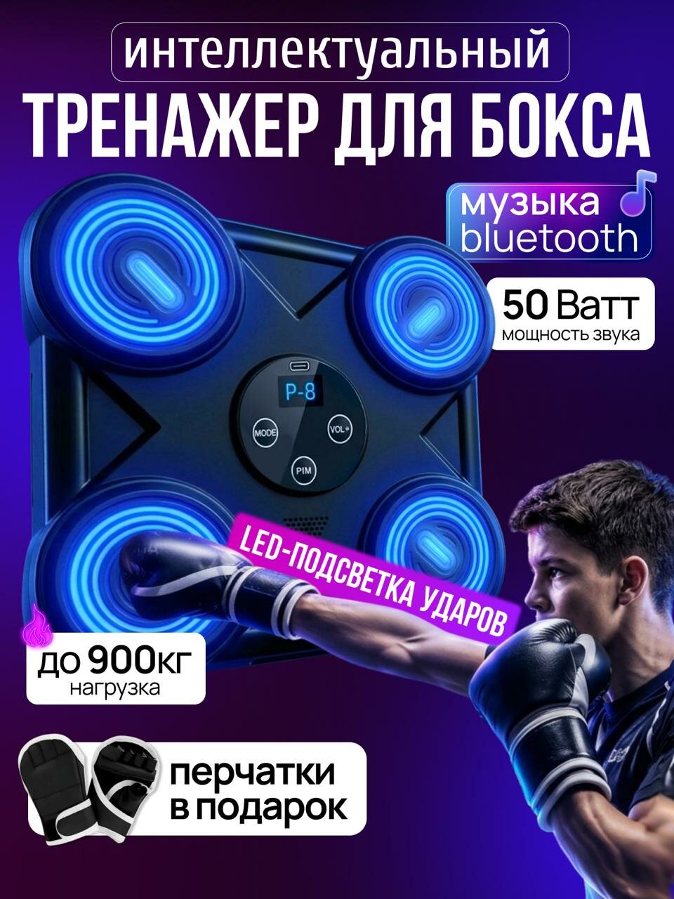 Интерактивный тренажер для бокса настенный с подсветкой и музыкой, тренажер реакции, боксерская мишень с режимами