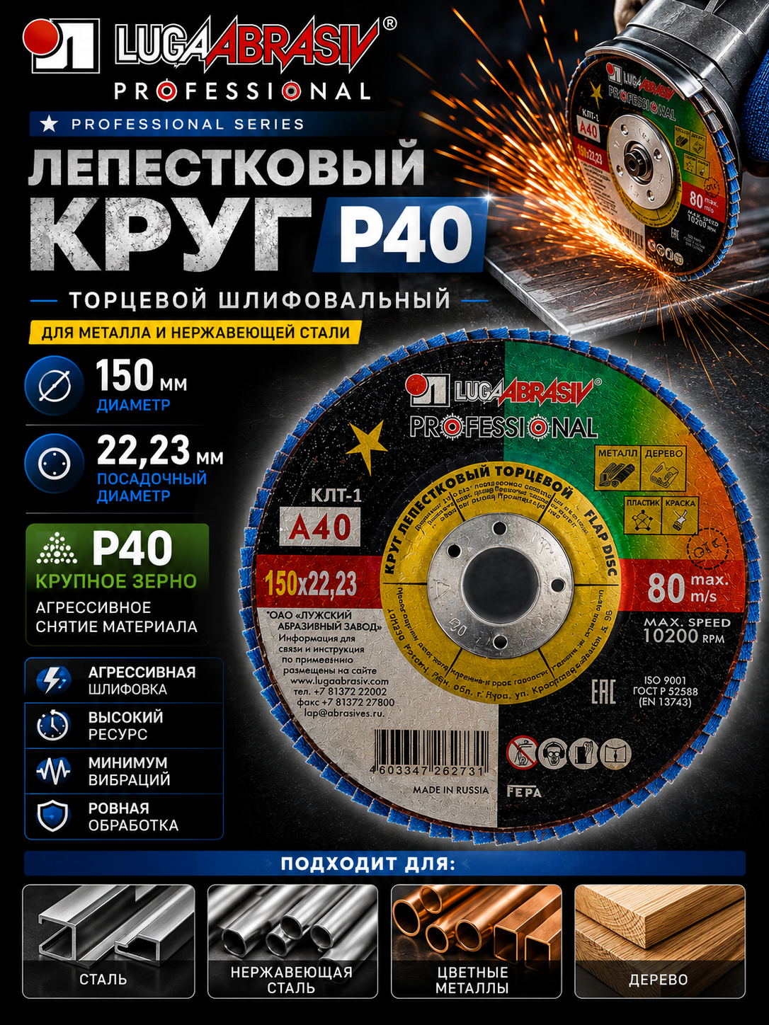 Лепестковый торцевой шлифовальный круг Луга-Абразив Р40 №40 (150x22 мм)