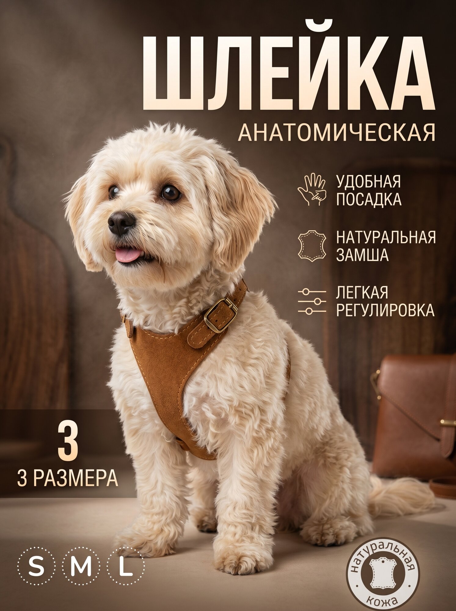 Шлейка для собак и кошек мелких пород до 5,5кг из натуральной замши, цвет Светло-коричневый размер M