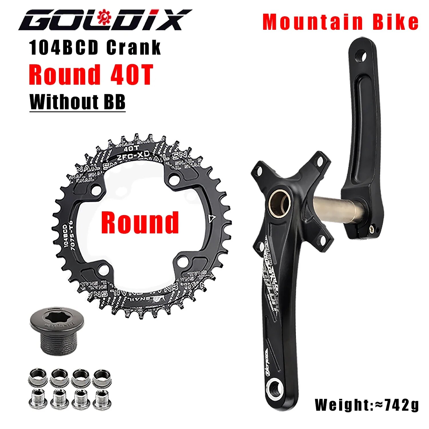 GOLDIX Шатуны MTB Алюминий 104BCD 170/175мм 32/34/36/38T 175mm, Crank Round 40T