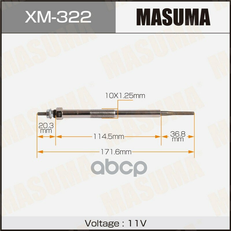 Свеча накаливания PM-168.11V /4M41 DI (1/10/100) MITSUBISHI MONTERO 2000-2006, MITSUBISHI PAJERO 1999-2006 Masuma арт. XM-322