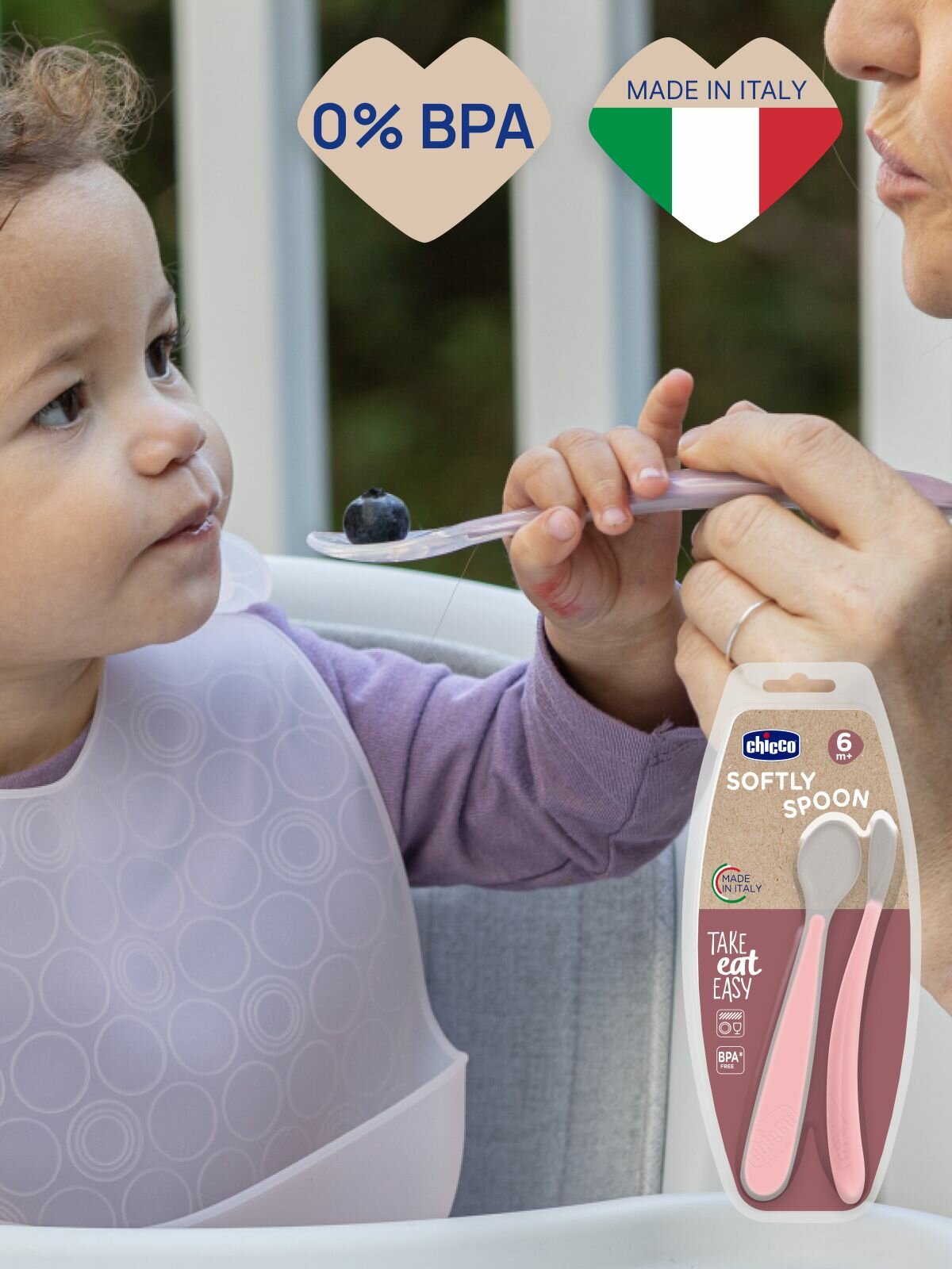 Ложка для прикорма силиконовая 2 штуки 6 мес+ Chicco Softly Spoon розовый для кормления малыша силиконовые