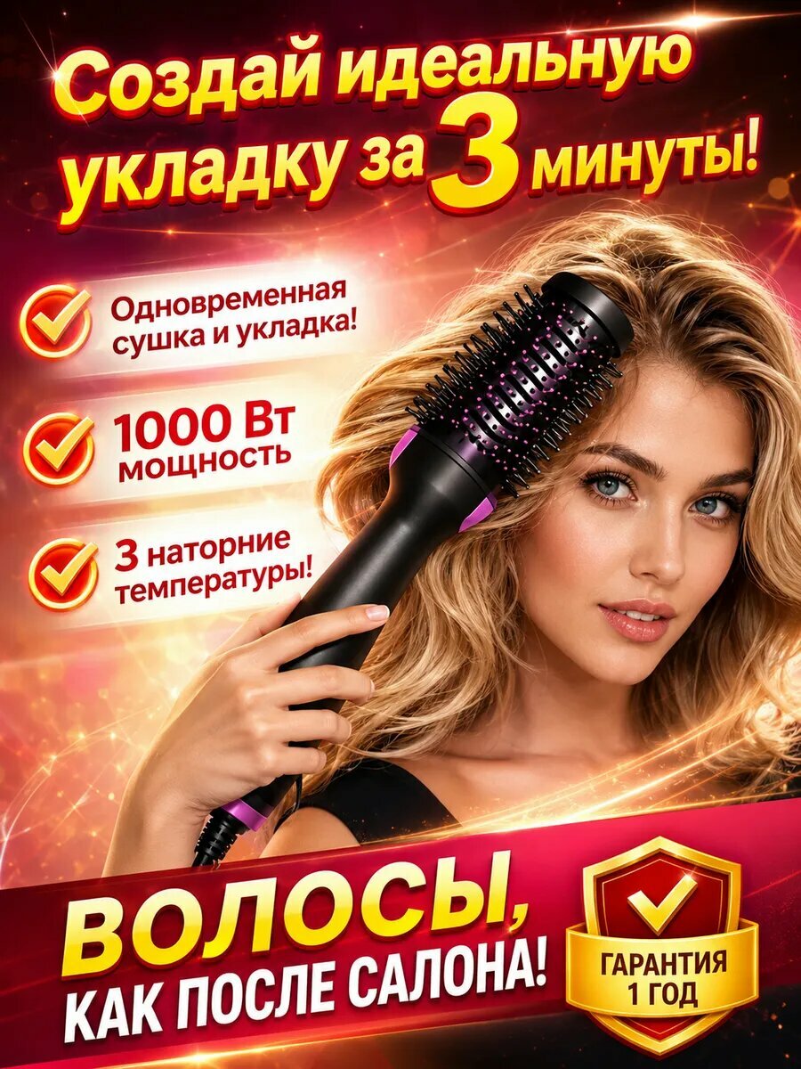Фен щетка стайлер для волос с вращением для коротких волос